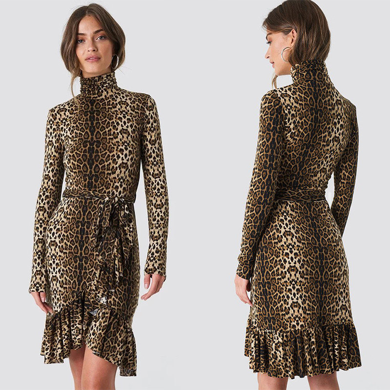 Autumn Fashion Women Long Sleeve And High Neck Leo Polo Dress Brown