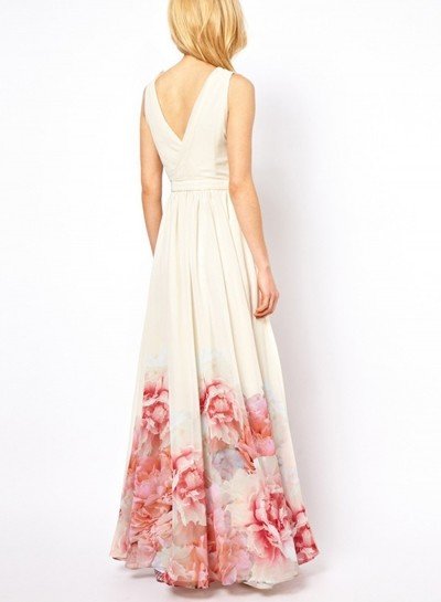 Elegant V Neck Sleeveless Floral Printed Maxi Bohemian Woman Dress