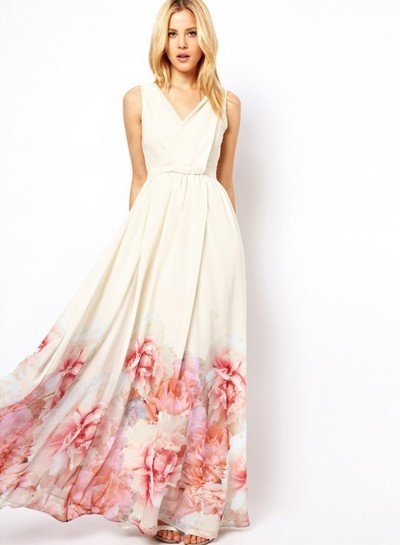Elegant V Neck Sleeveless Floral Printed Maxi Bohemian Woman Dress