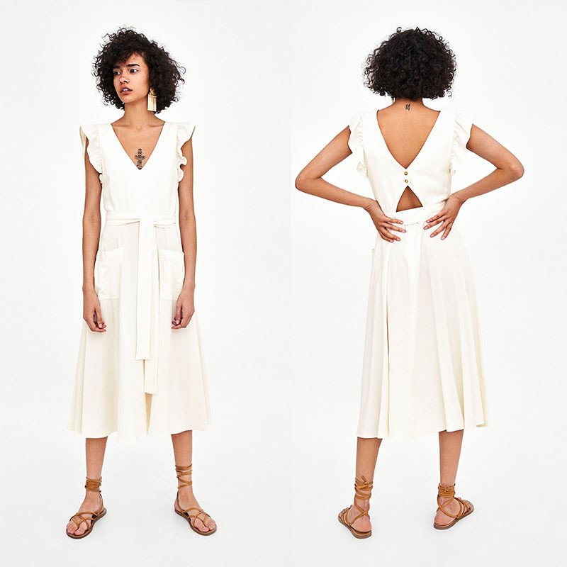 Elegant white linen maxi woman dress with bow